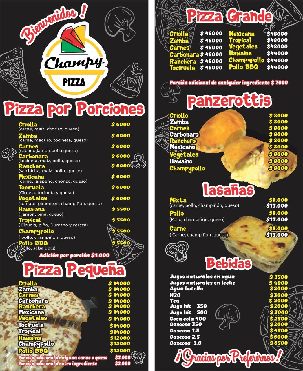 Menu at Champy Pizzas restaurant, Neiva