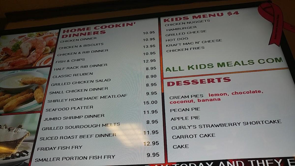 Menu at Curly's Chicken House restaurant, Elmira