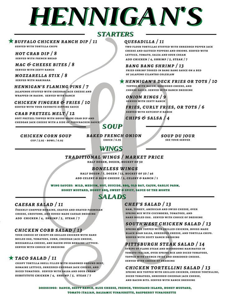Menu at Hennigan's Restaurant and Bar, Mount Joy