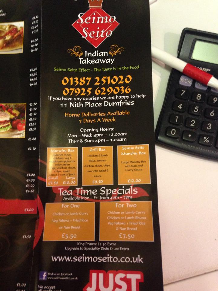 Menu at Seimo Seito fast food, Dumfries