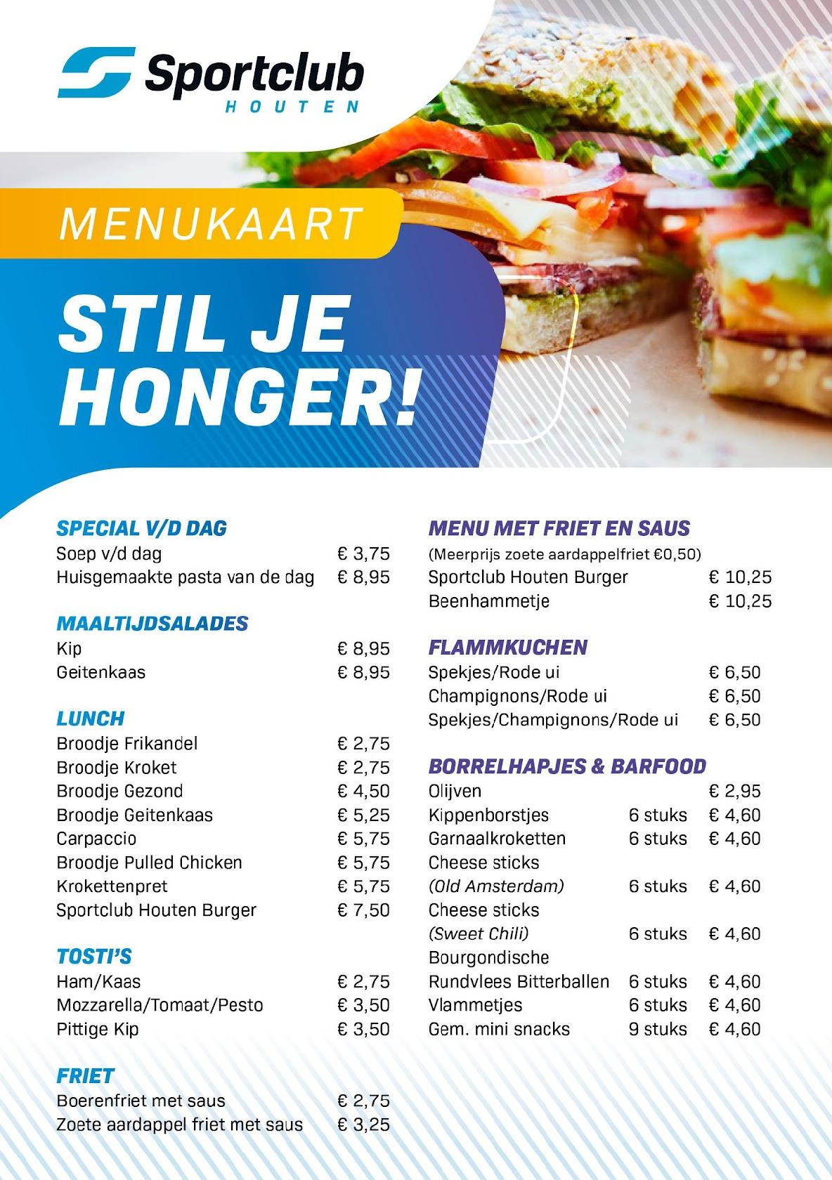 Menu au SportClub Houten Padel, Tennis & Squash, Houten