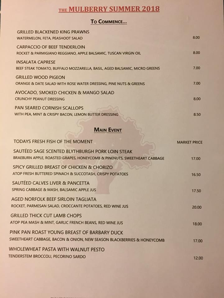 Menu at The Mulberry restaurant, Thetford