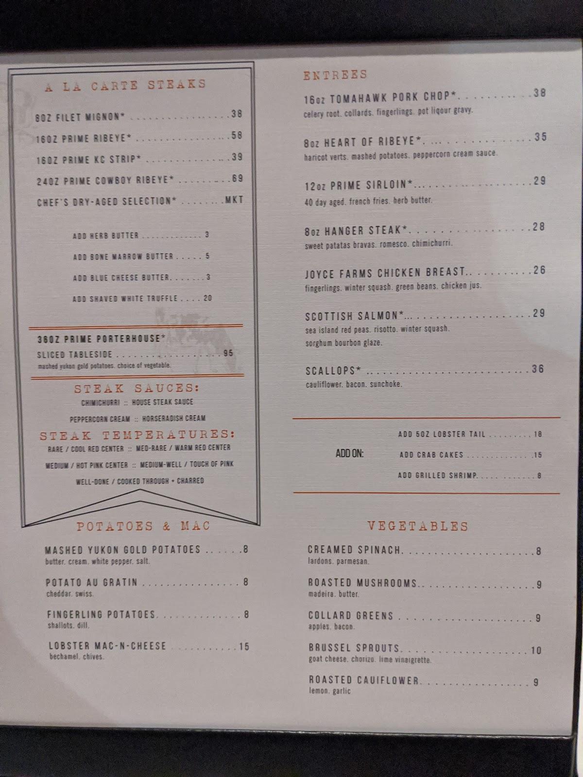 Menu at The Porter's House steakhouse, Charlotte