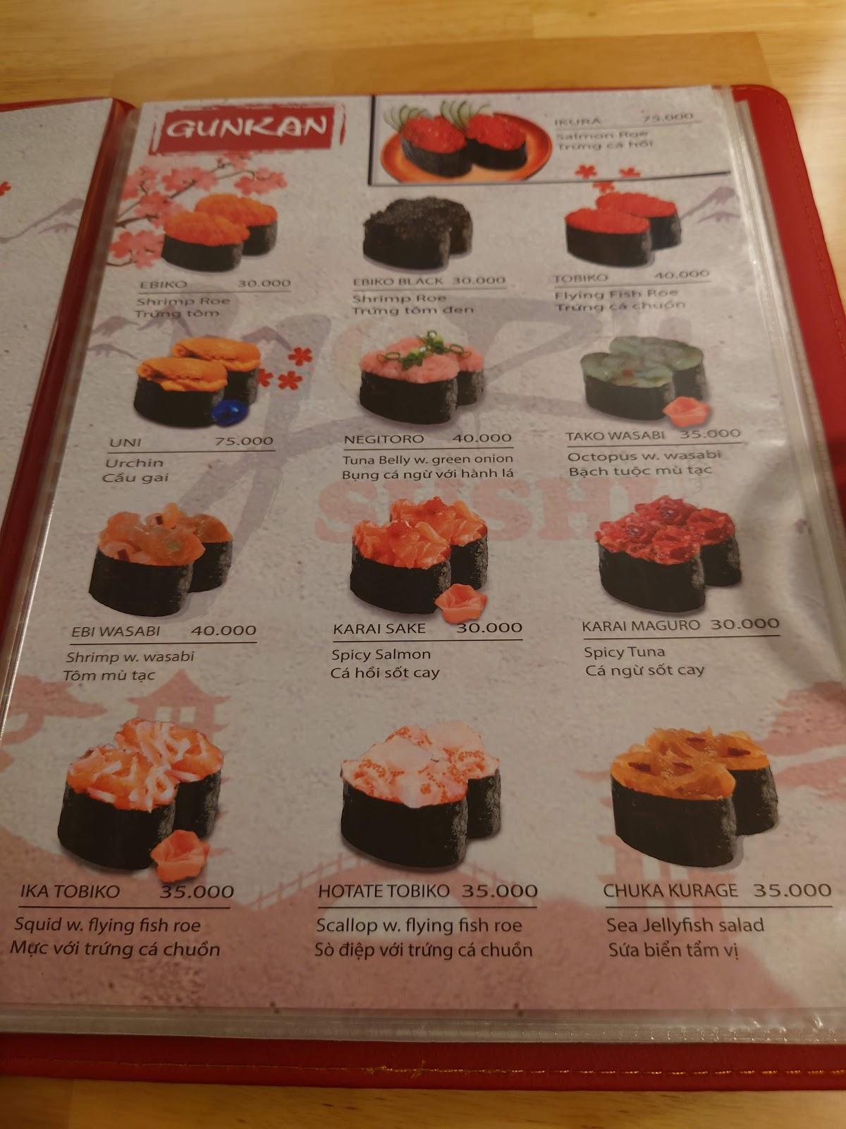 Menu at YORU SUSHI restaurant, Ho Chi Minh City