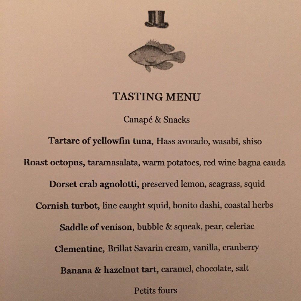 Menu at Angler restaurant, London