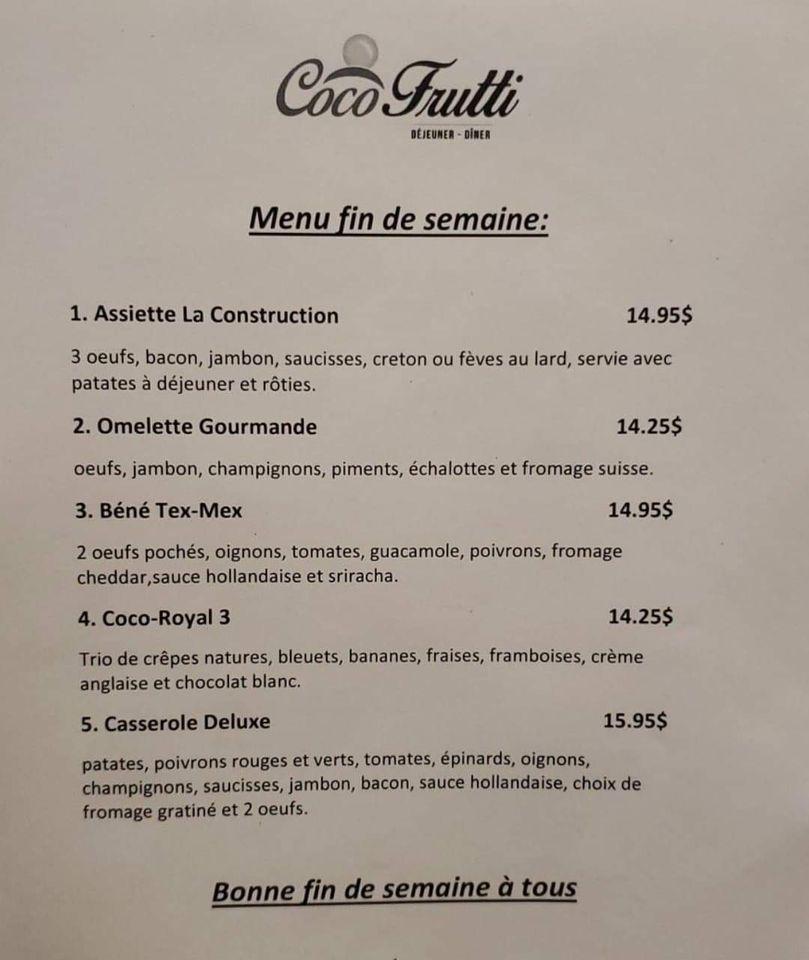 Menu at Coco Frutti Victoriaville pub & bar, Victoriaville