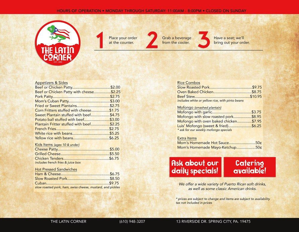 Menu at The Latin Corner restaurant, Spring City