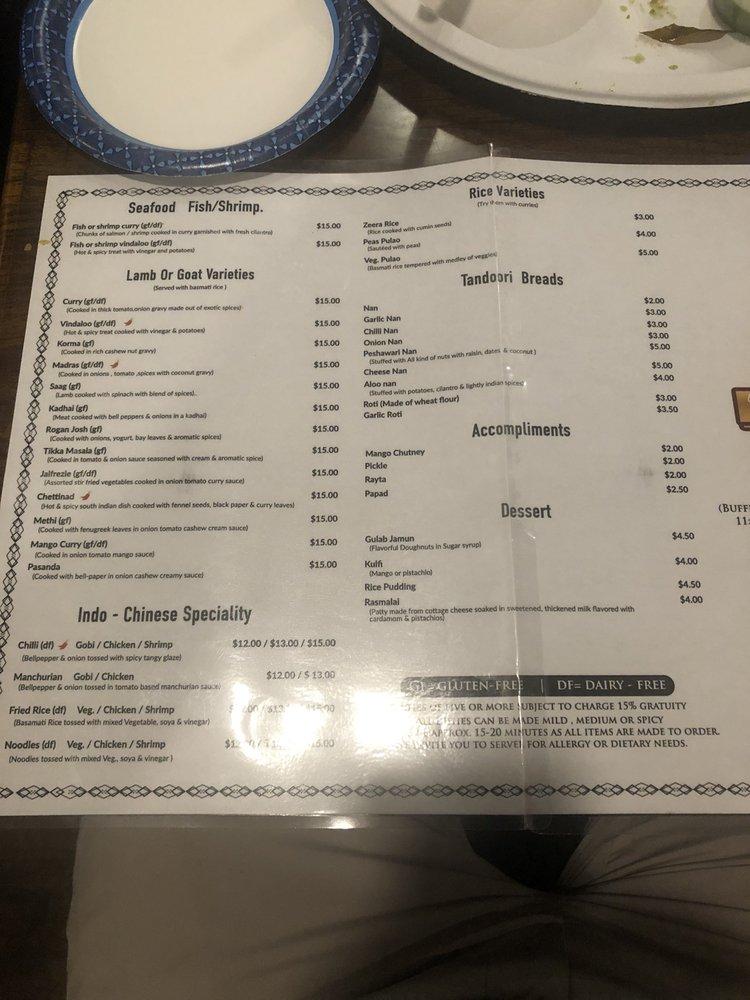Carta del restaurante Taj Aiken Indian Cuisine, Aiken, 213 Richland Ave W