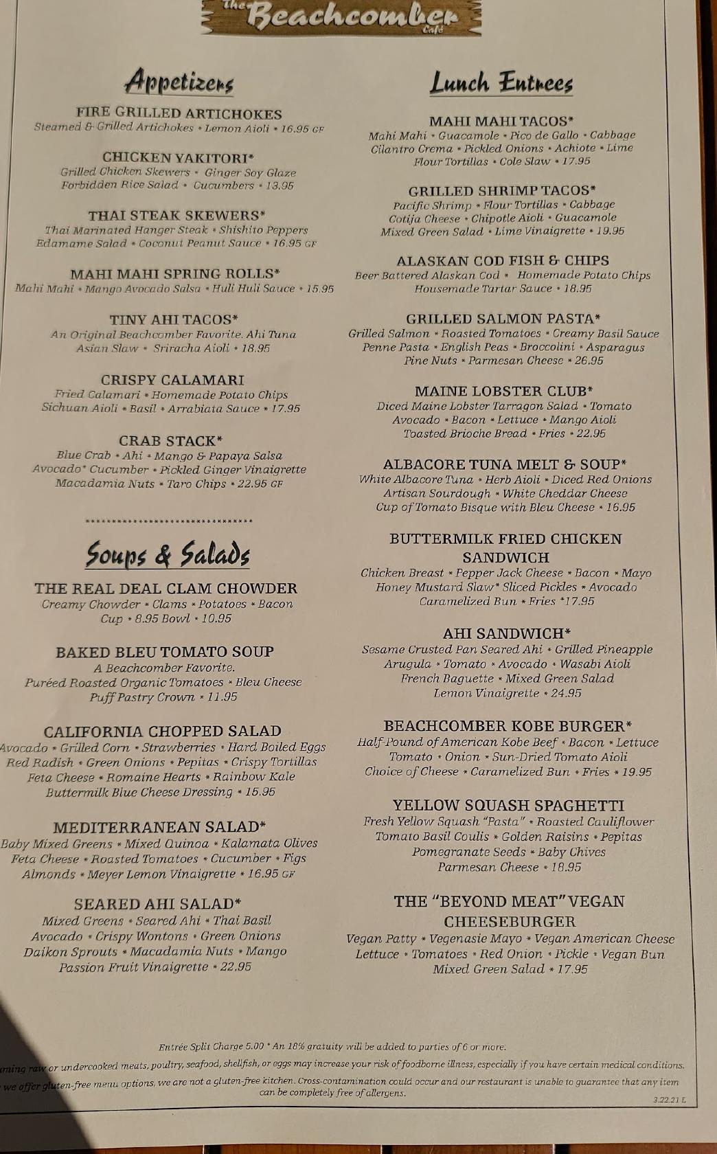 Menu at The Beachcomber at Crystal Cove pub & bar, Newport Beach