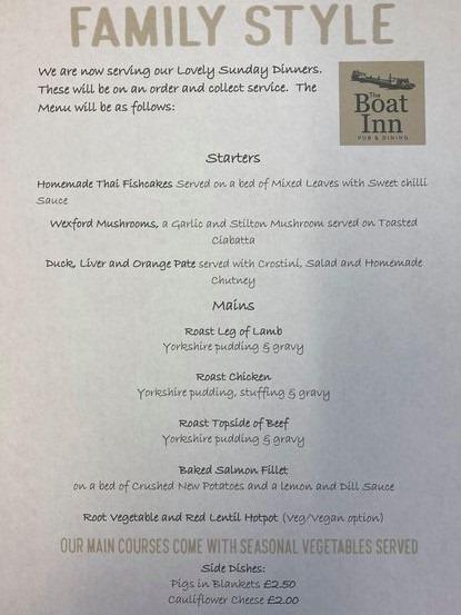 Menu at The Boat Inn restaurant, Sutton-in-Ashfield