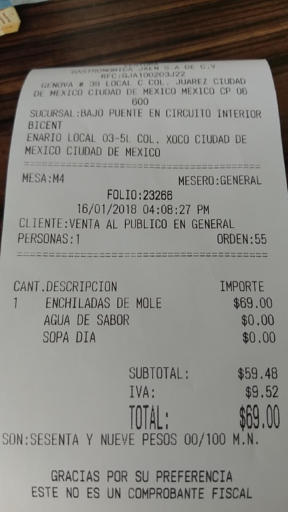Menu at Ventura restaurant, Mexico City, Av. Universidad