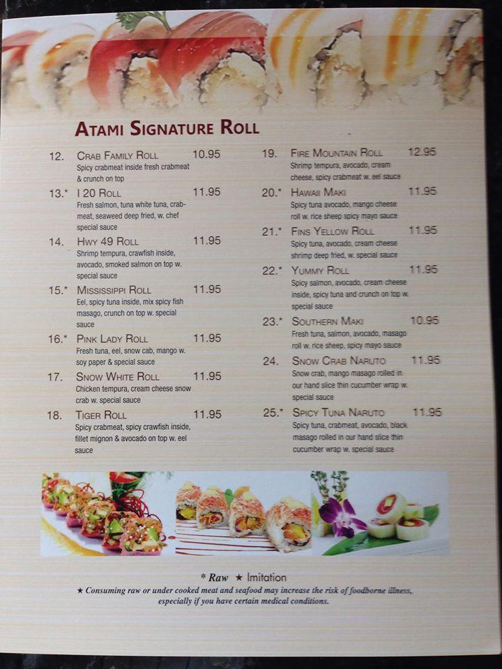 Menu at Atami Japanese Grill restaurant, Vicksburg