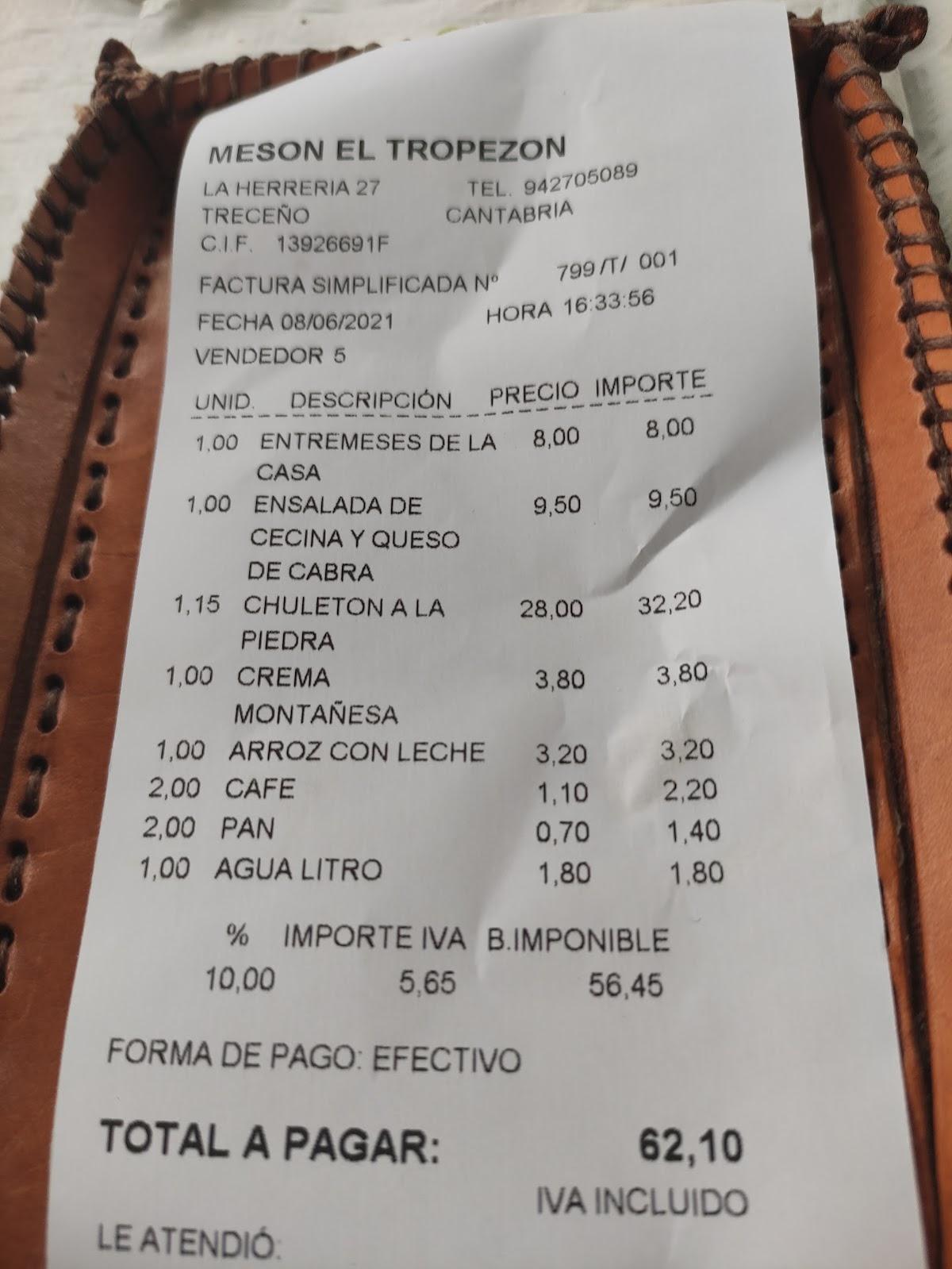 Carta del restaurante El Tropezón, La Herrería