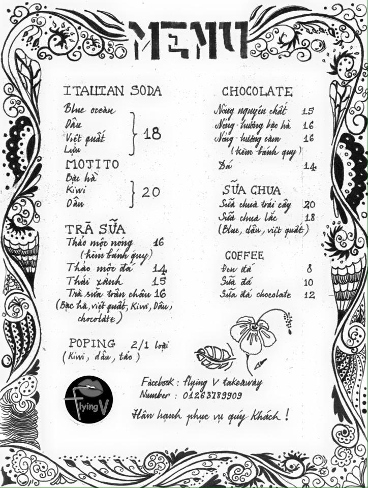 Menu at Flying V Take Away cafe, Da Nang