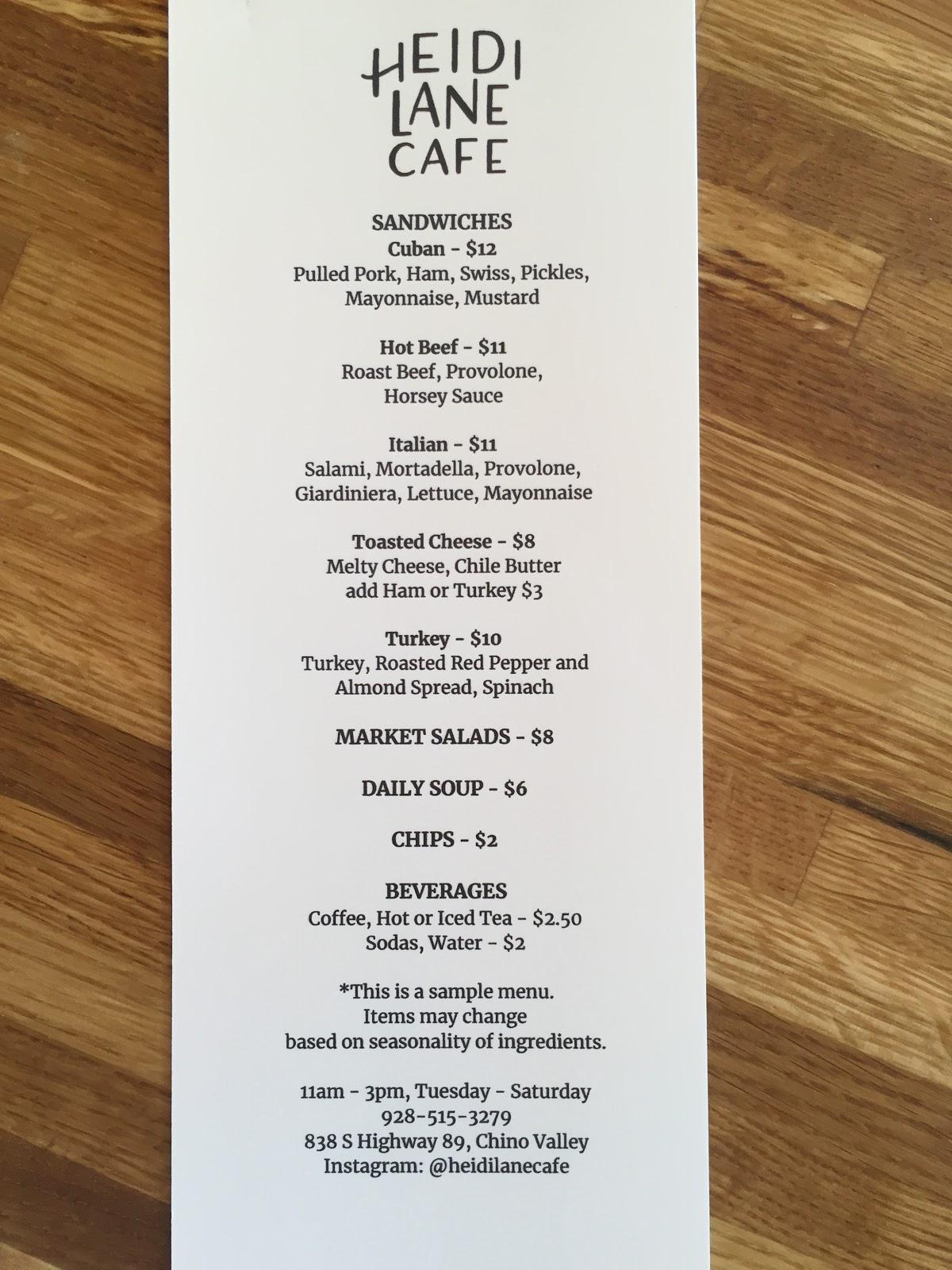Menu at Heidi Lane Cafe, Chino Valley