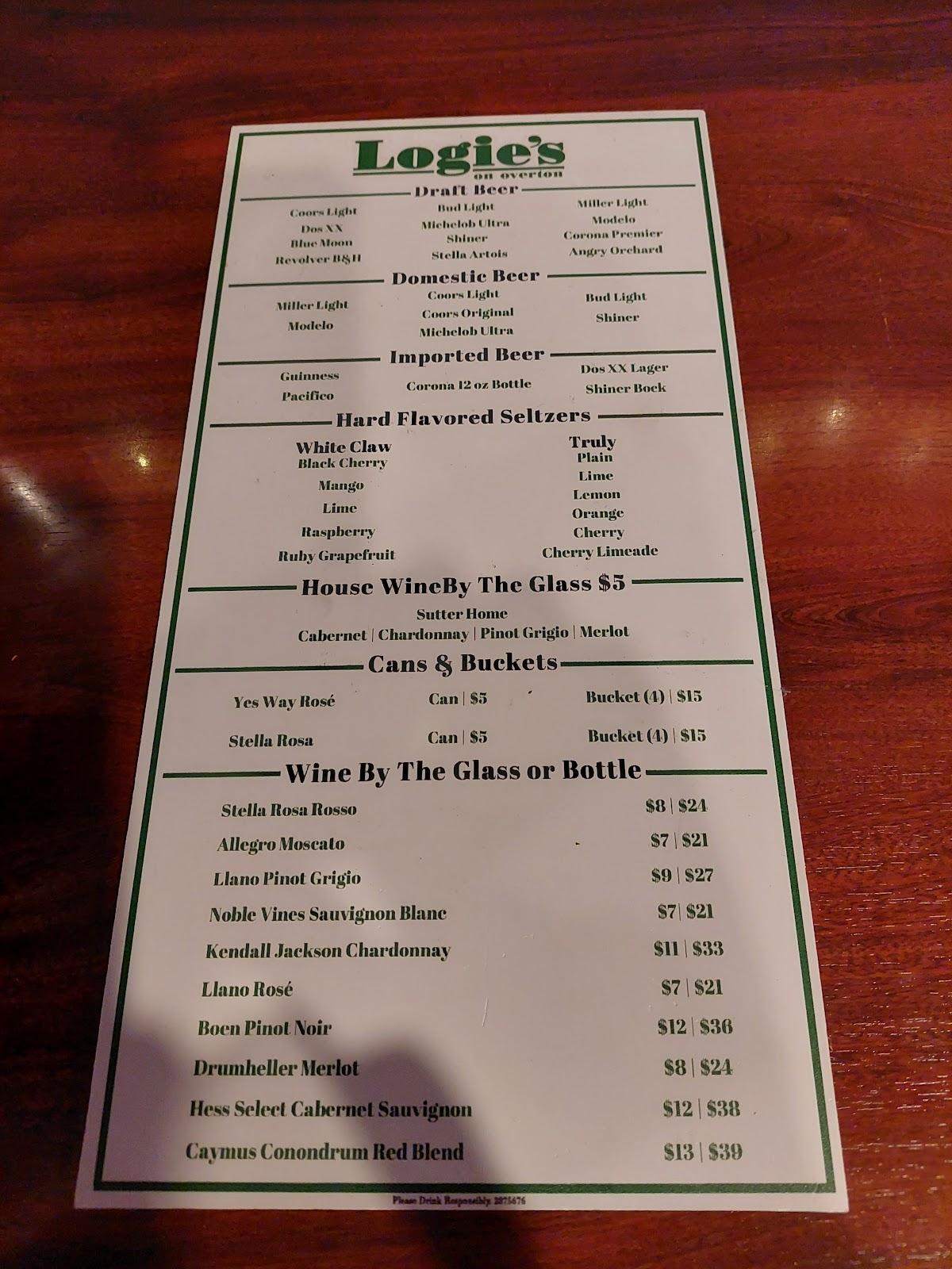 Menu at Logie’s on Overton pub & bar, Lubbock