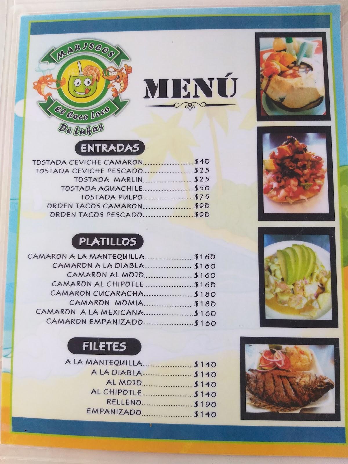 Menu at Mariscos el coco loco de Lukas restaurant, Zapopan