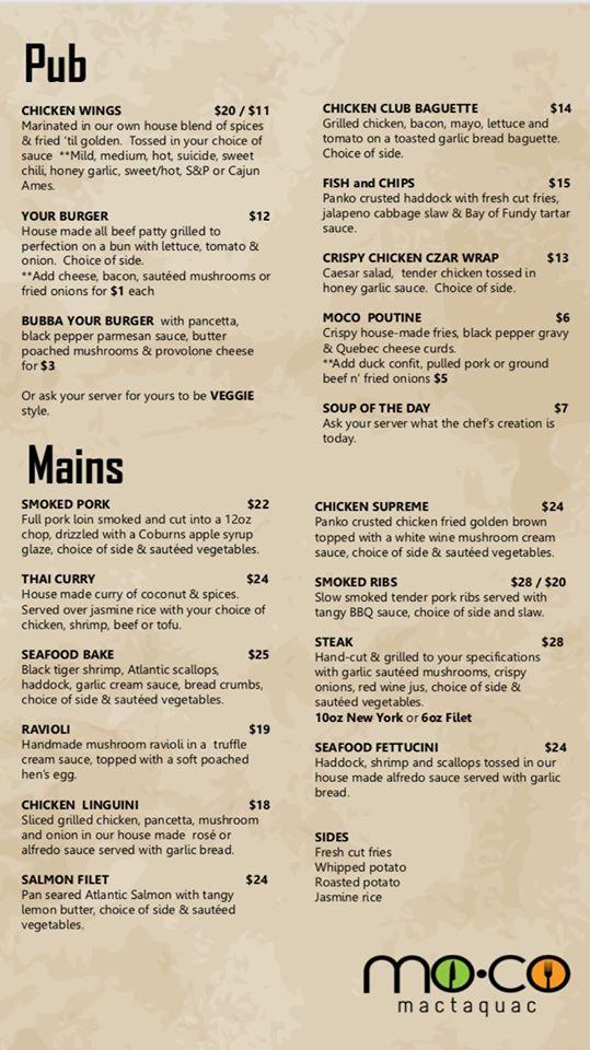 Menu at Moco Kitchen at Mactaquac restaurant, Mactaquac