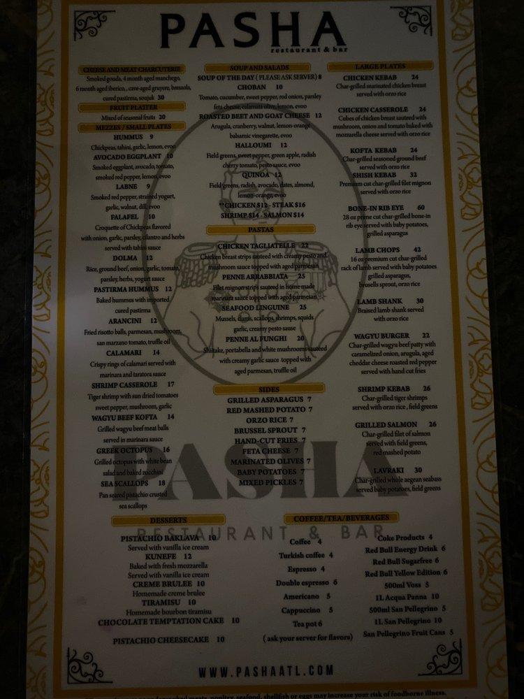 Menu at Pasha Restaurant and Bar, Atlanta