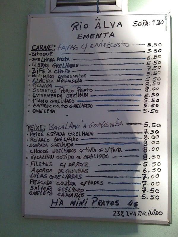 Menu at Rio Alva restaurant, Lisbon