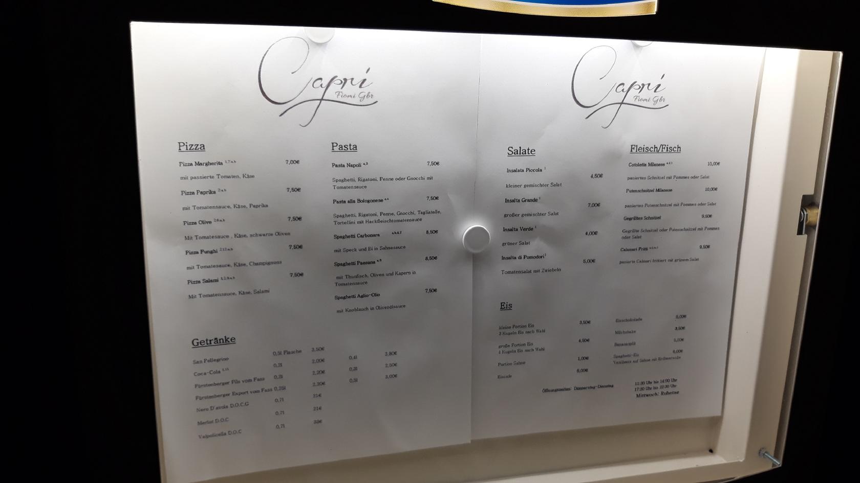 Menu at Ristorante Capri restaurant, Engen