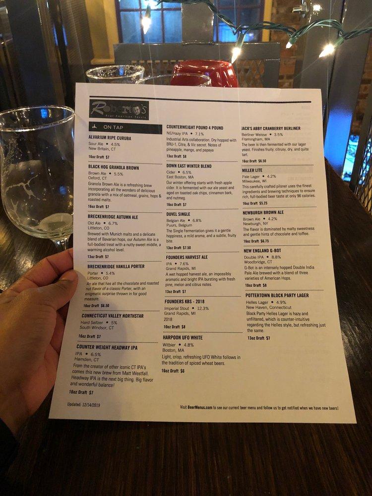 Menu at Roberto's Real American Tavern pizzeria, East Windsor