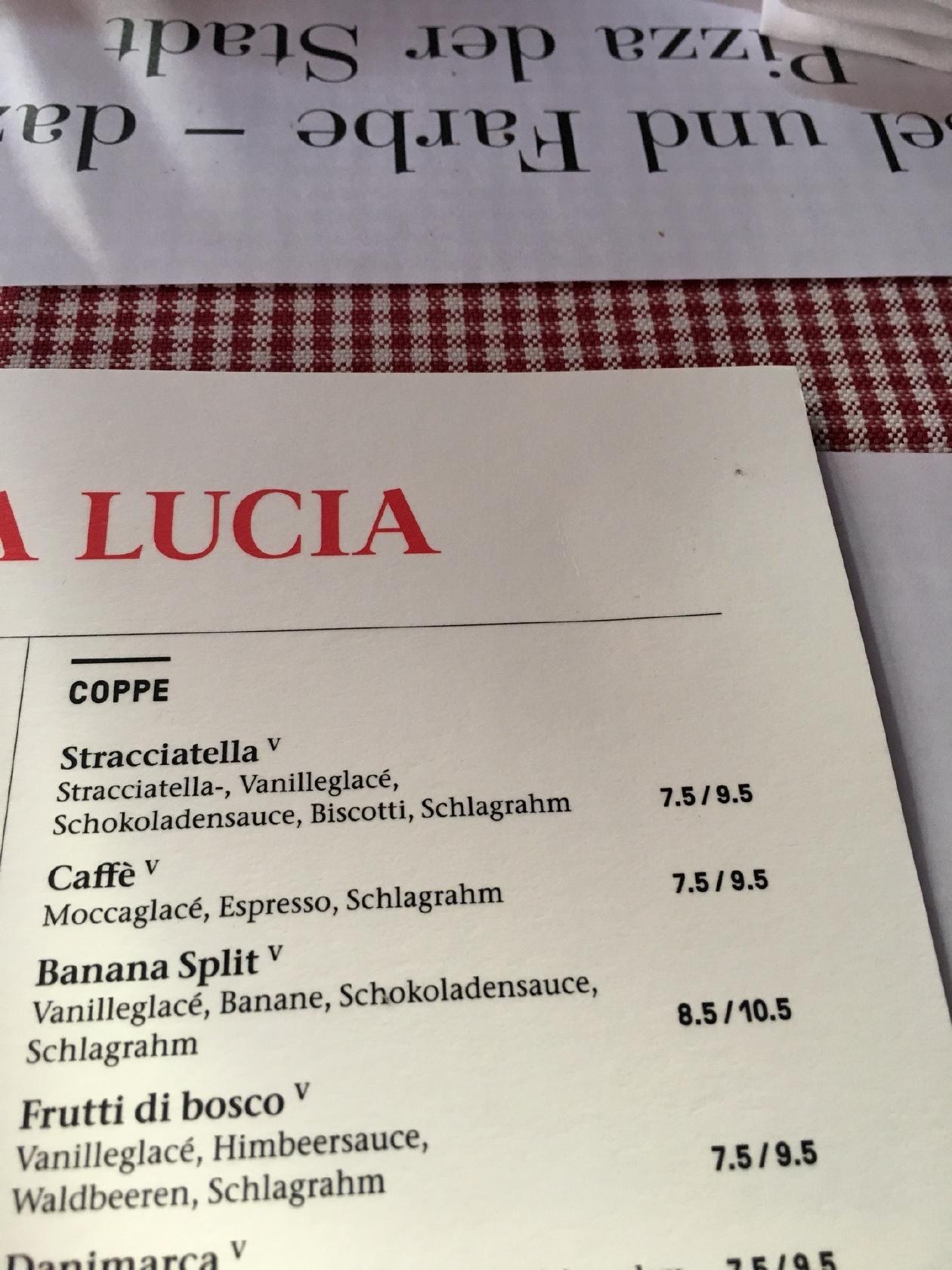 Menu at Santa Lucia Limmatplatz, Zürich, Luisenstrasse 31