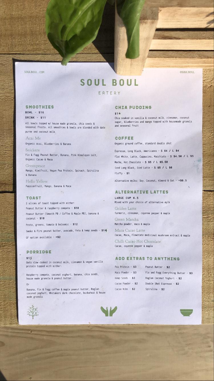 Menu at Soul Boul Cafe, Tauranga