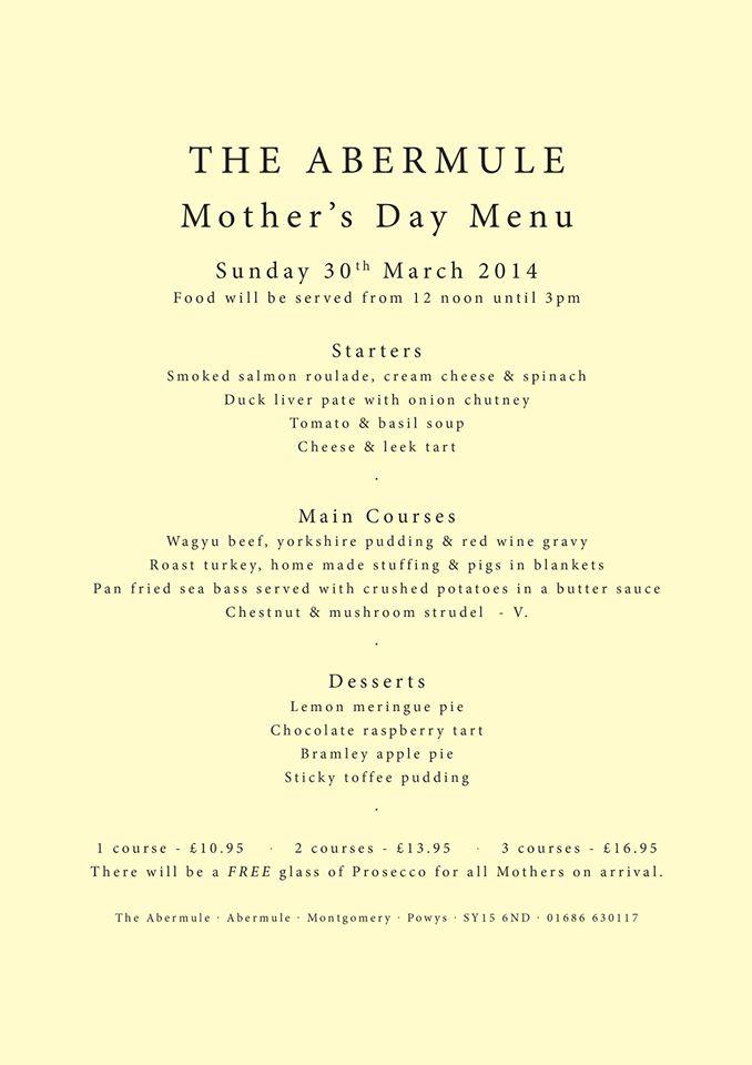 Menu at The Abermule Inn restaurant, Abermule