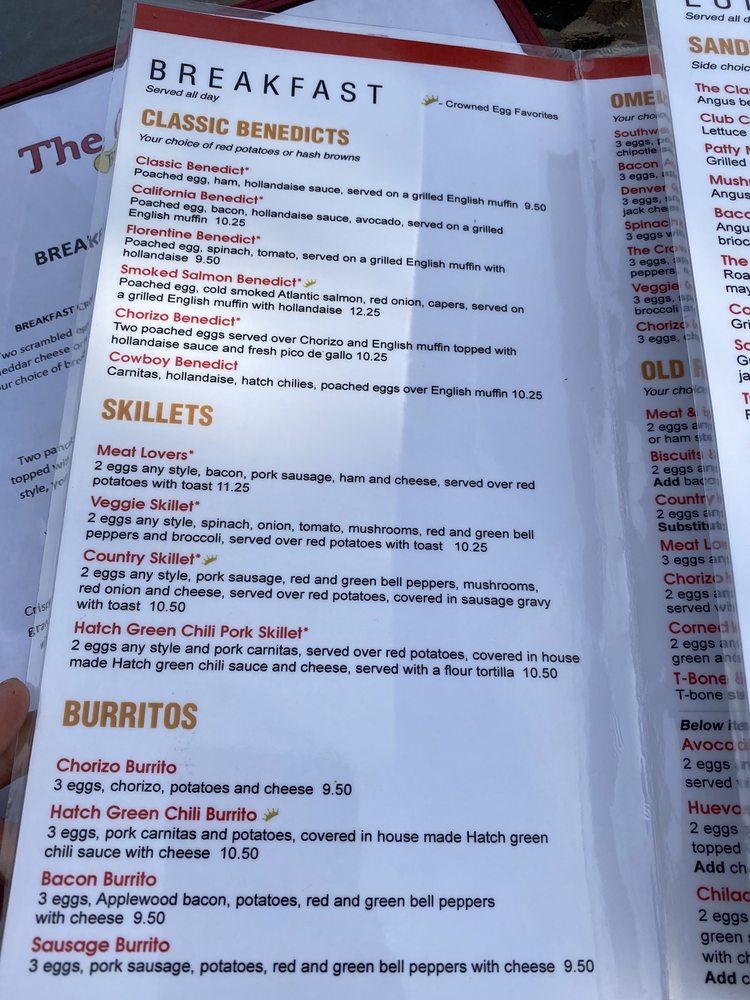 Menu at The Crowned Egg restaurant, Chandler