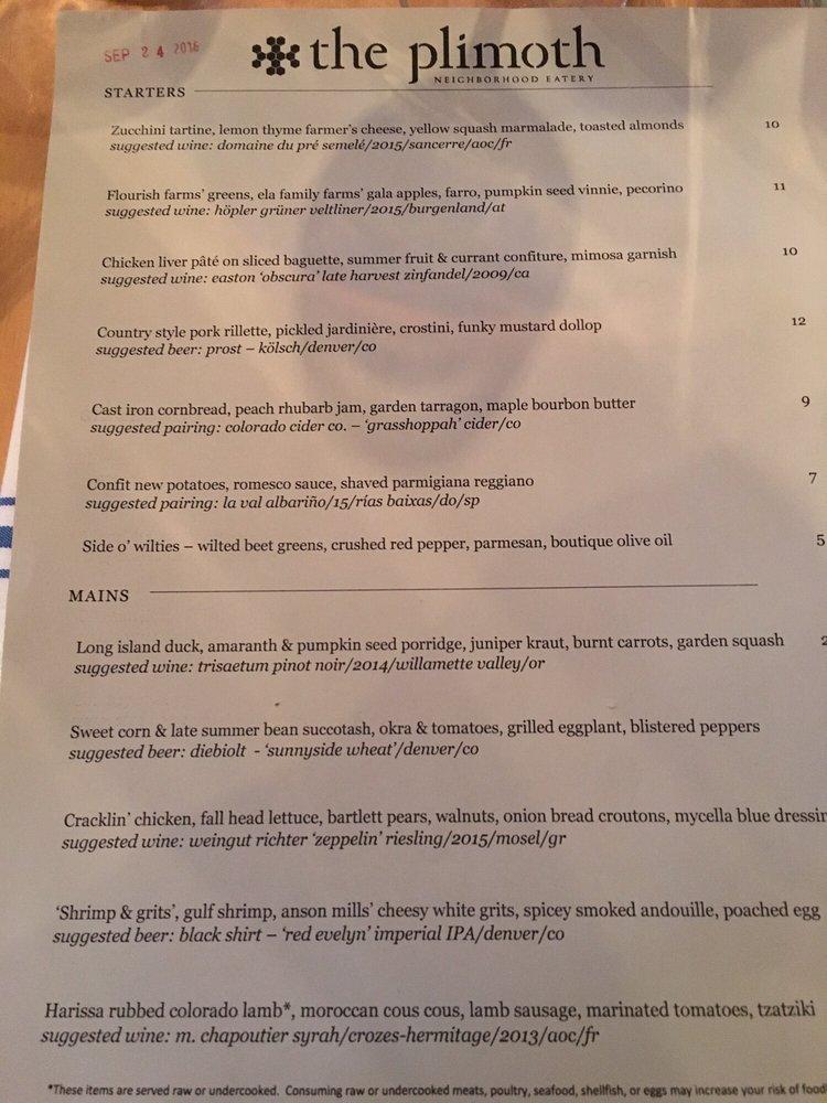 Menu at The Plimoth restaurant, Denver