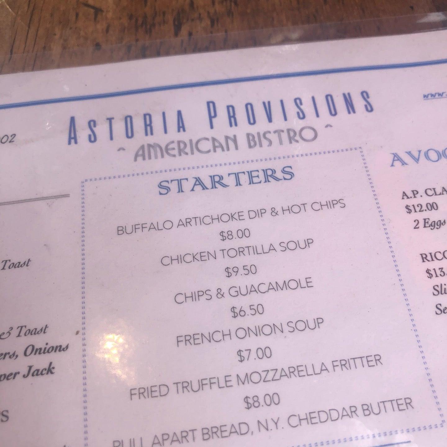 Menu at Astoria Provisions restaurant, New York City