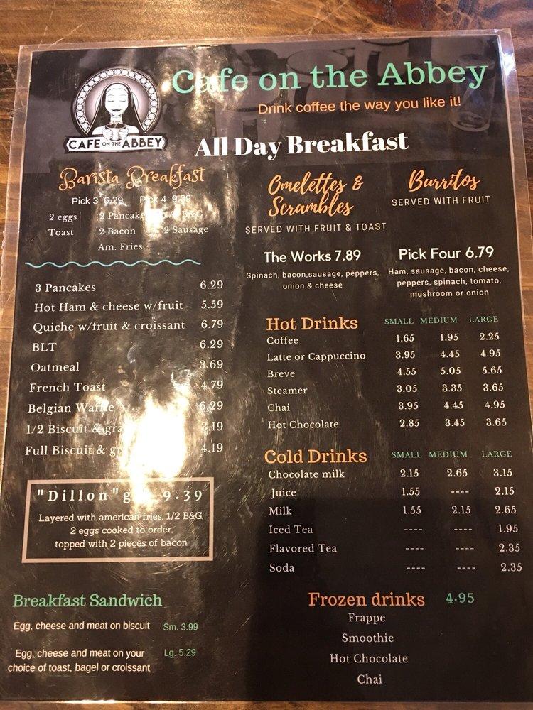 Menu at Café on the Abbey cafe, Columbia