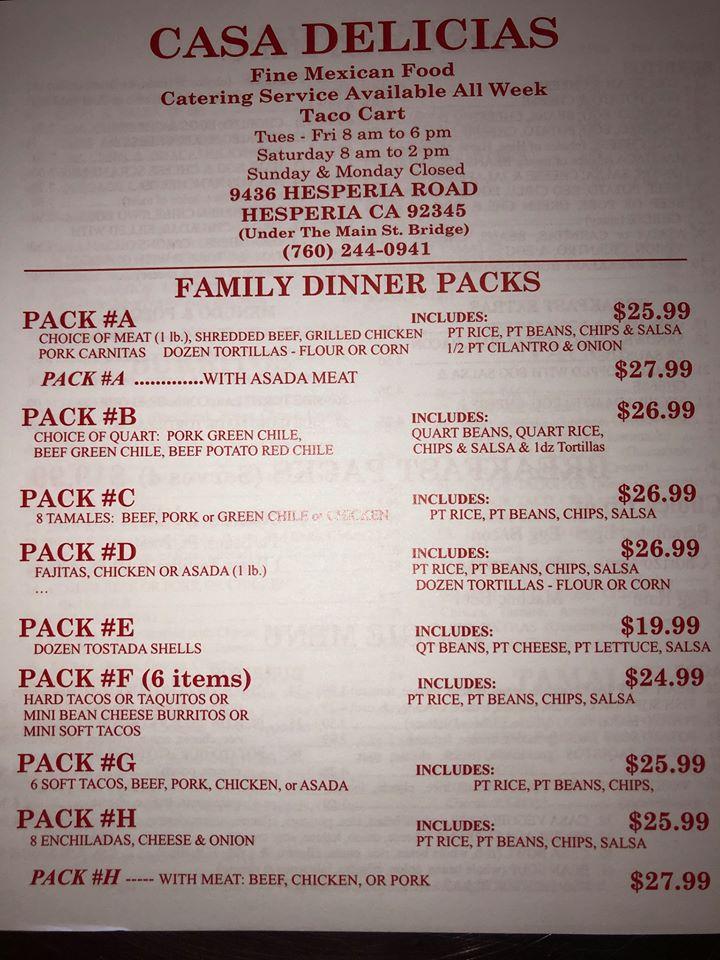 Menu at Casa Delicias restaurant, Hesperia, Hesperia Rd