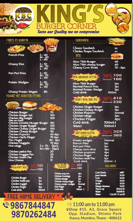 Menu at King,S Burger Corner, Thane