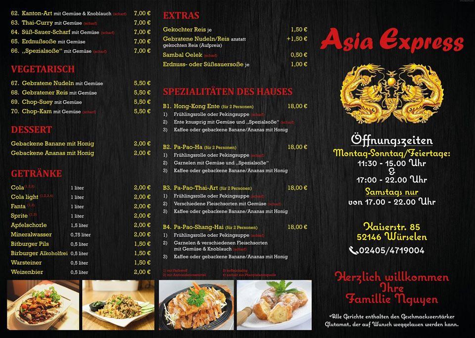 Menu au Asia Express fast food, Würselen