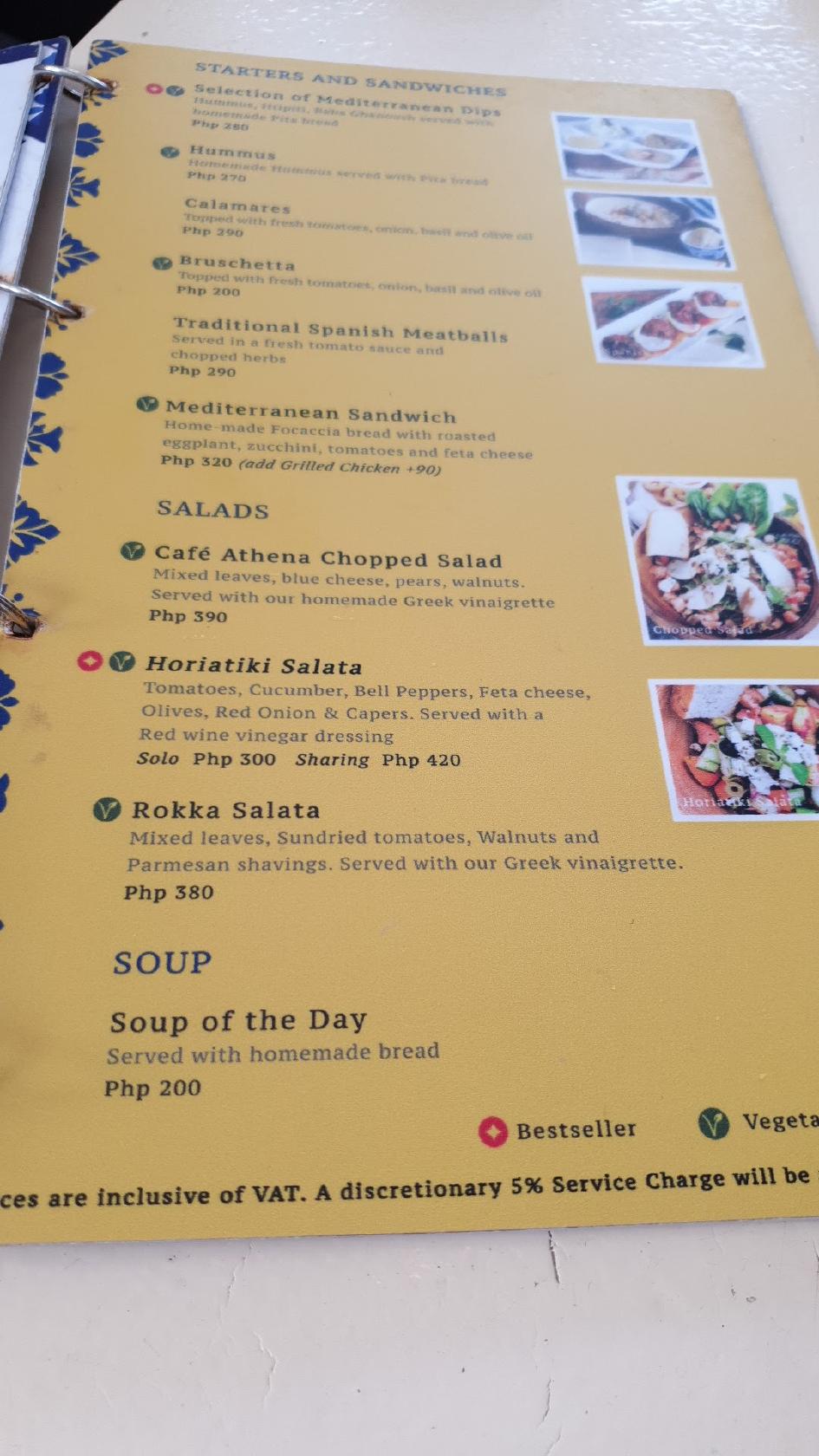 Menu at Cafe Athena, El Nido, Serena St