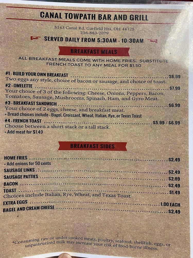 Menu at Canal Towpath Bar and Grill, Garfield Heights