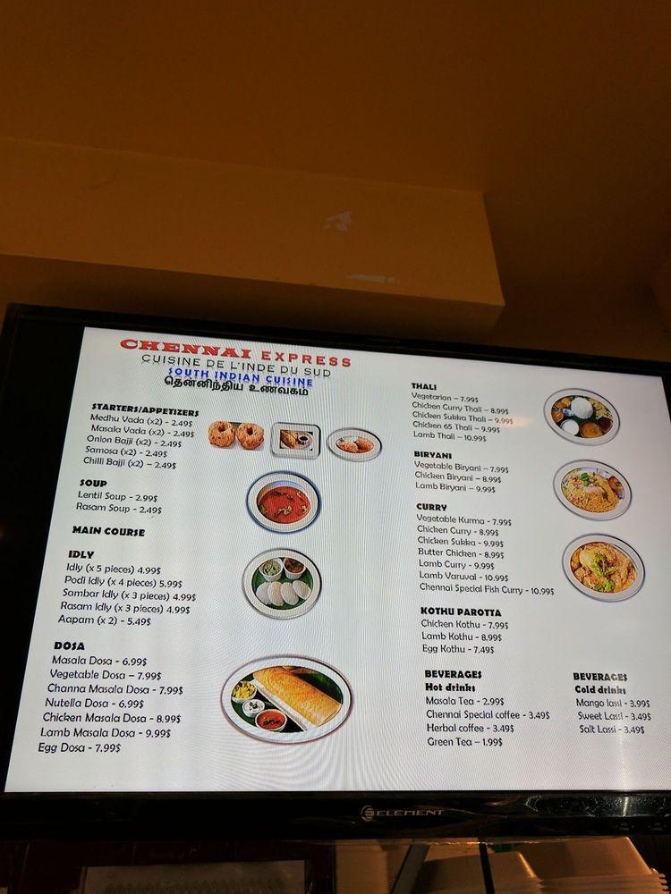 Menu at Chennai Express (South Indian Cuisine) restaurant, Montréal