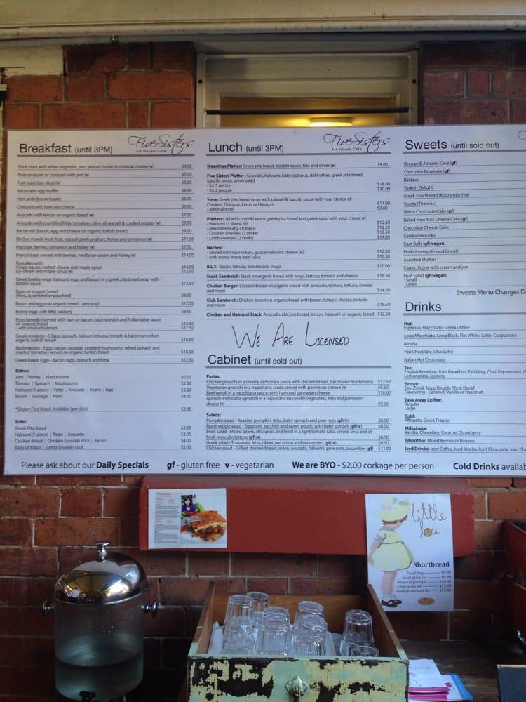 Menu at Five Sisters Cafe and Bar, South Brisbane