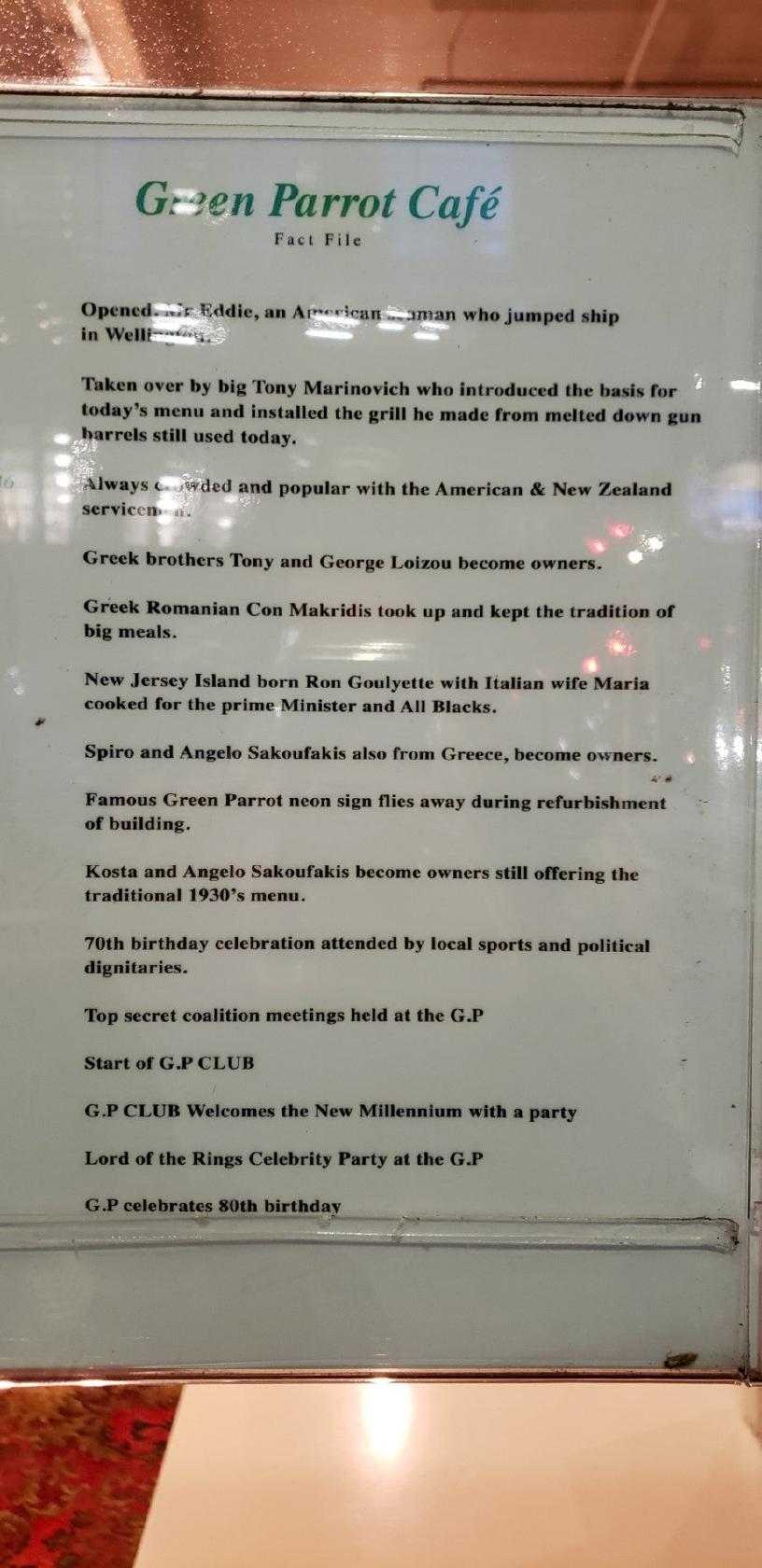 Menu at The Green Parrot Cafe, Wellington, 16 Taranaki St