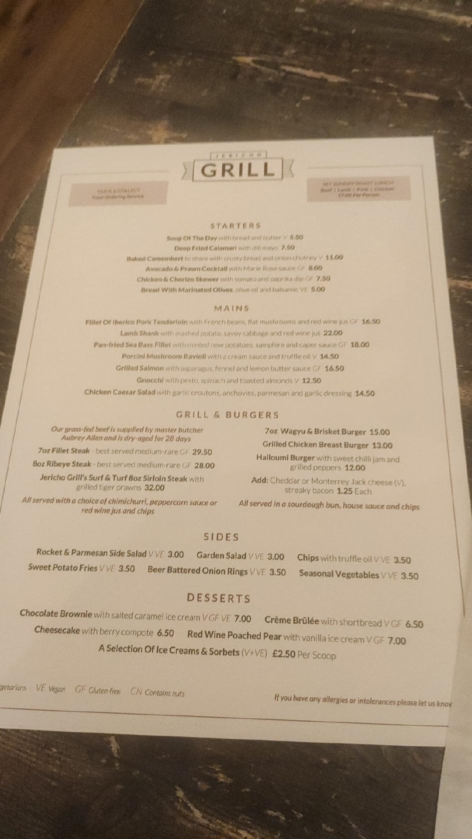 Menu at Jericho Grill pub & bar, Oxford