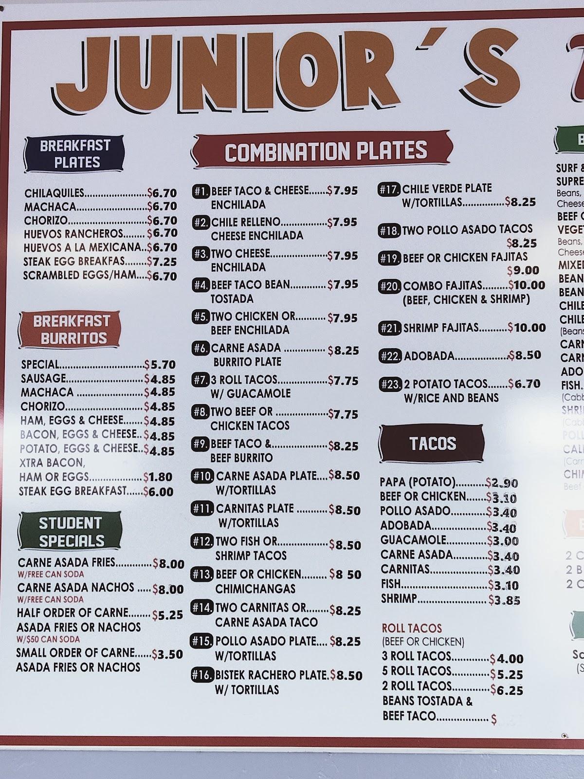 Menu at Junior's Taco Shop restaurant, Escondido