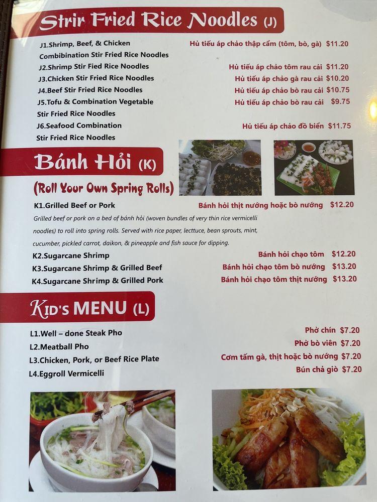 Menu at Pho Tam restaurant, El Cajon