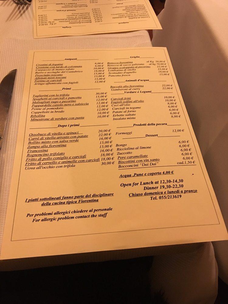 Menu at Buca dell'Orafo restaurant, Florence, Via dei Girolami