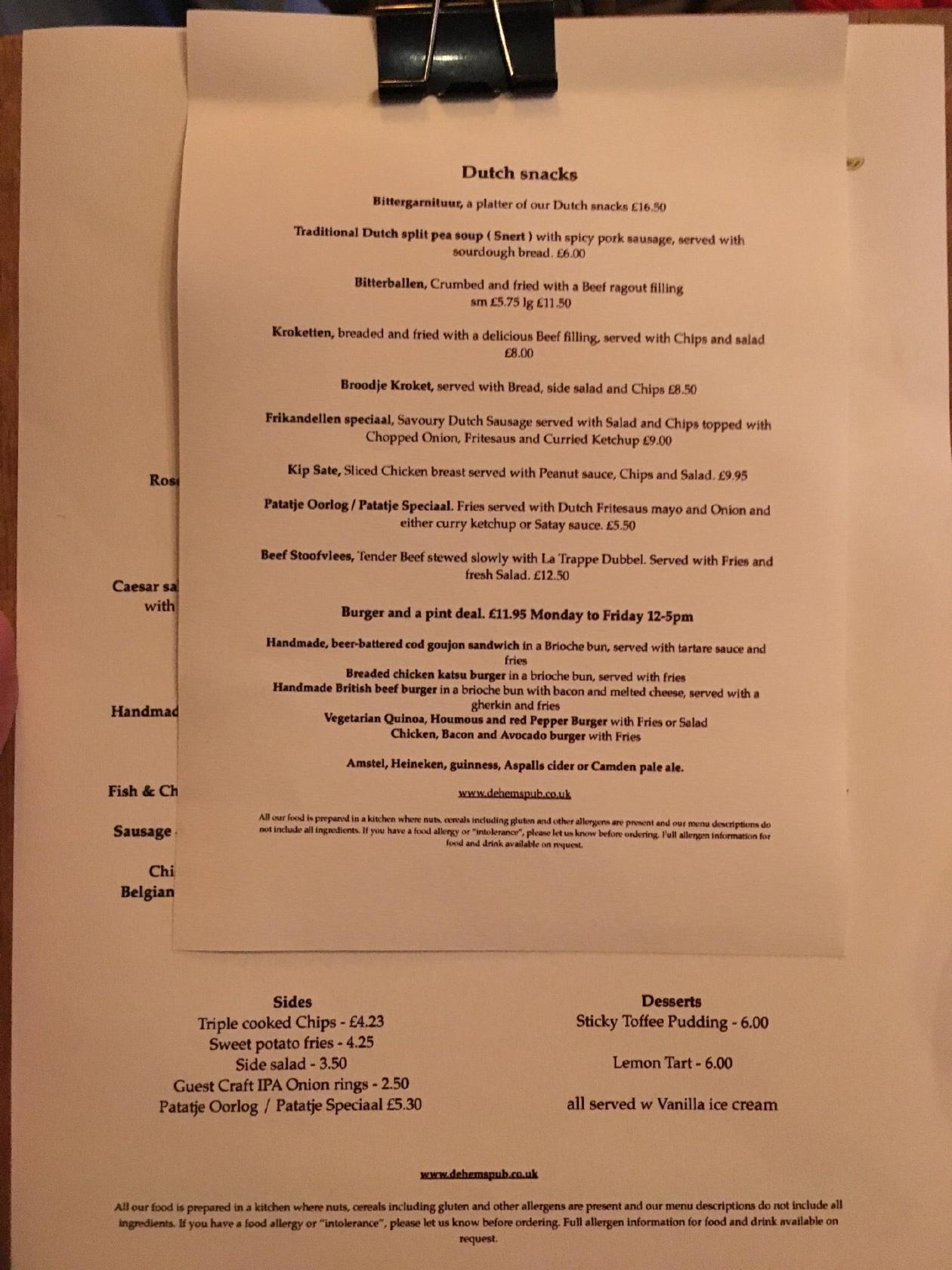 Menu at De Hems Dutch Cafe Bar, London