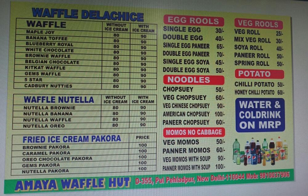 Menu at Amaya Waffle Hut, New Delhi, D-355