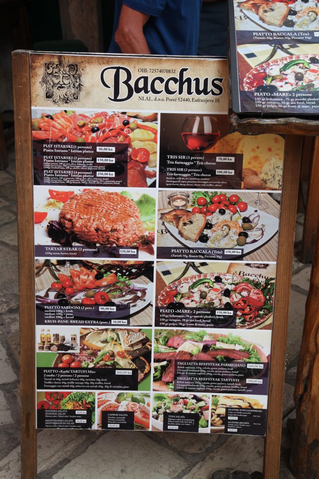 Menu at Bacchus pub & bar, Poreč