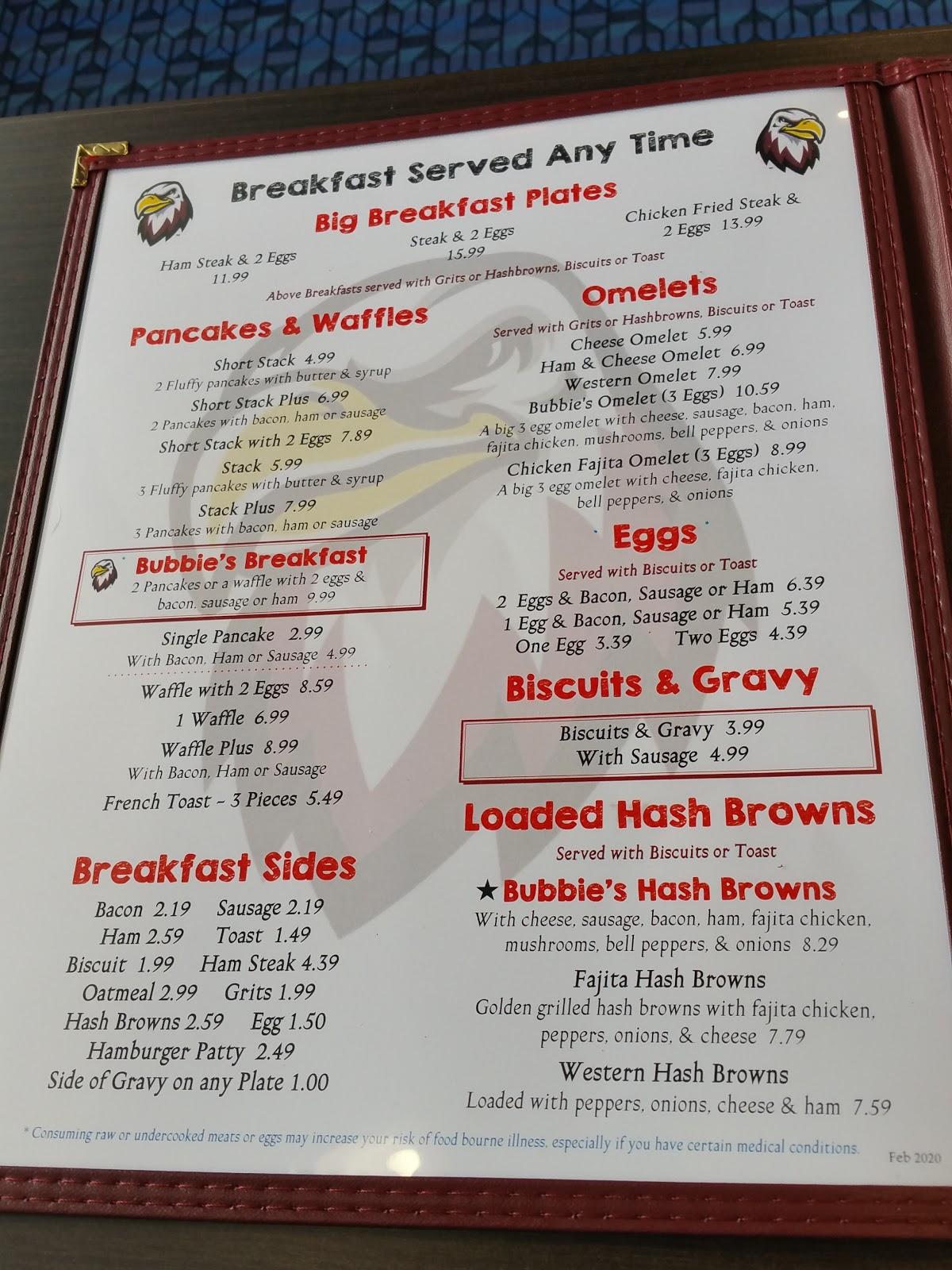 Menu at Bubbies restaurant, Crossett