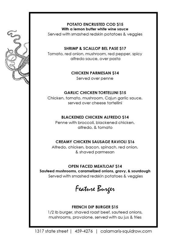 Menu at Calamari's Squid Row pub & bar, Erie